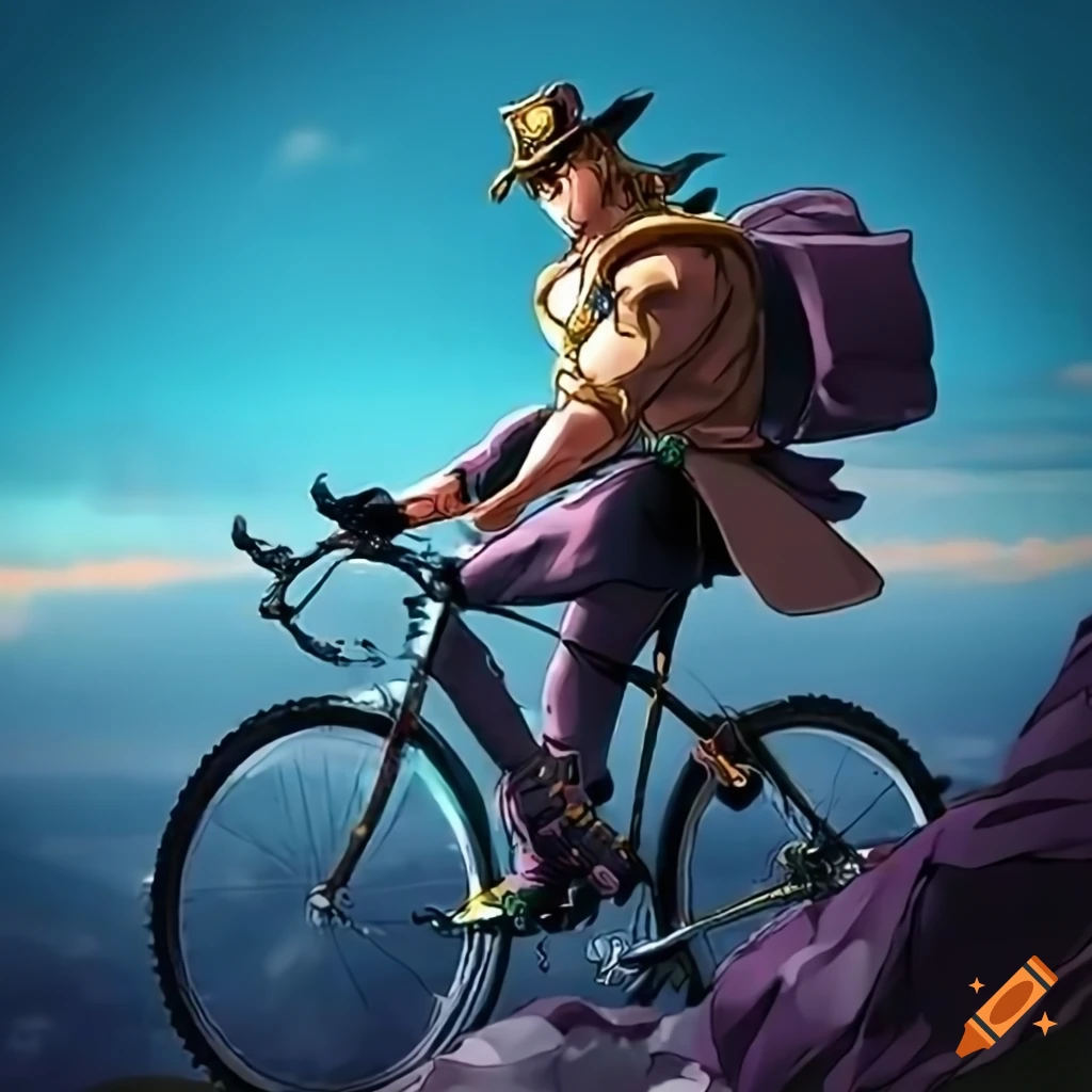 Jotaro kujo on a bike on top of a mountain on Craiyon