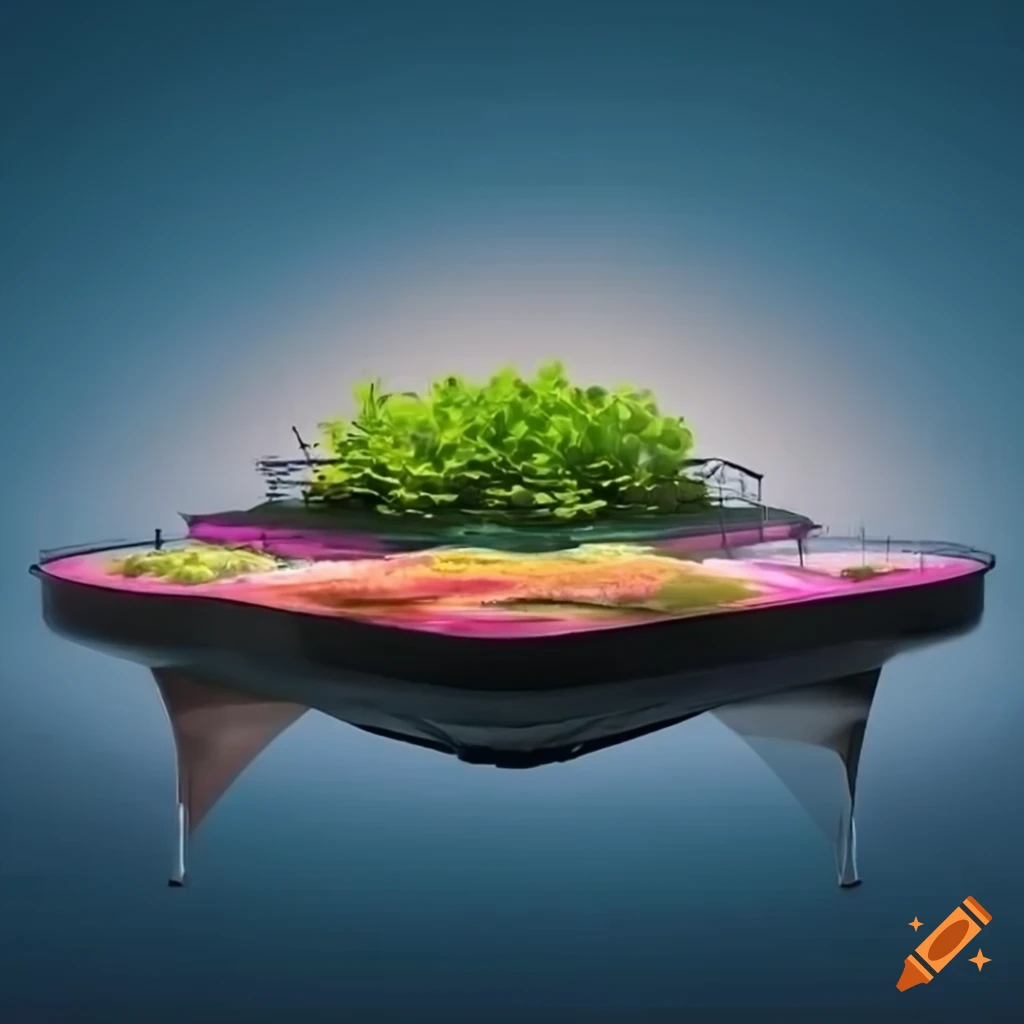 Futuristic floating platform hydroponic gardens on a river with colored ...