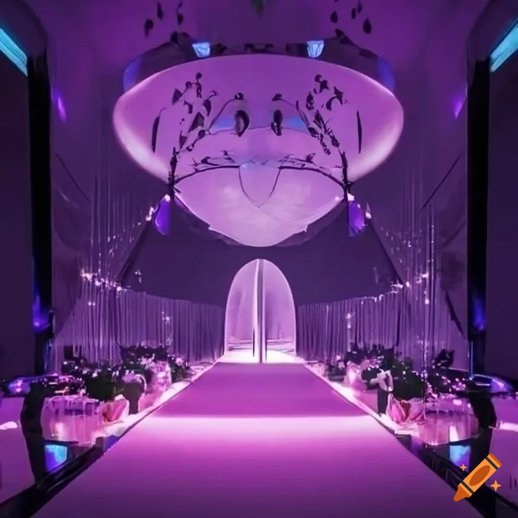 A futuristic giant gala reception with a bar and a dance in a white ...