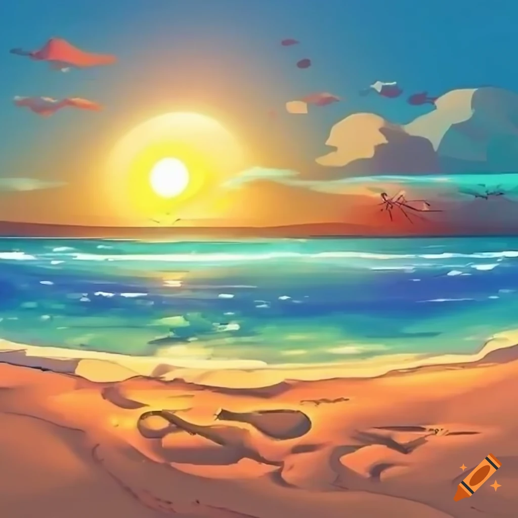 Anime sandy beach at sunset