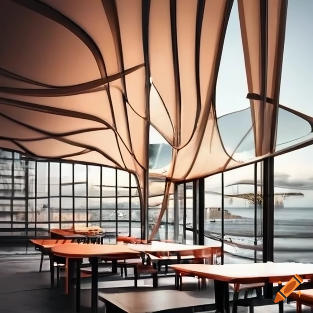 A single story riverside café made of glass panels and sculptural ...