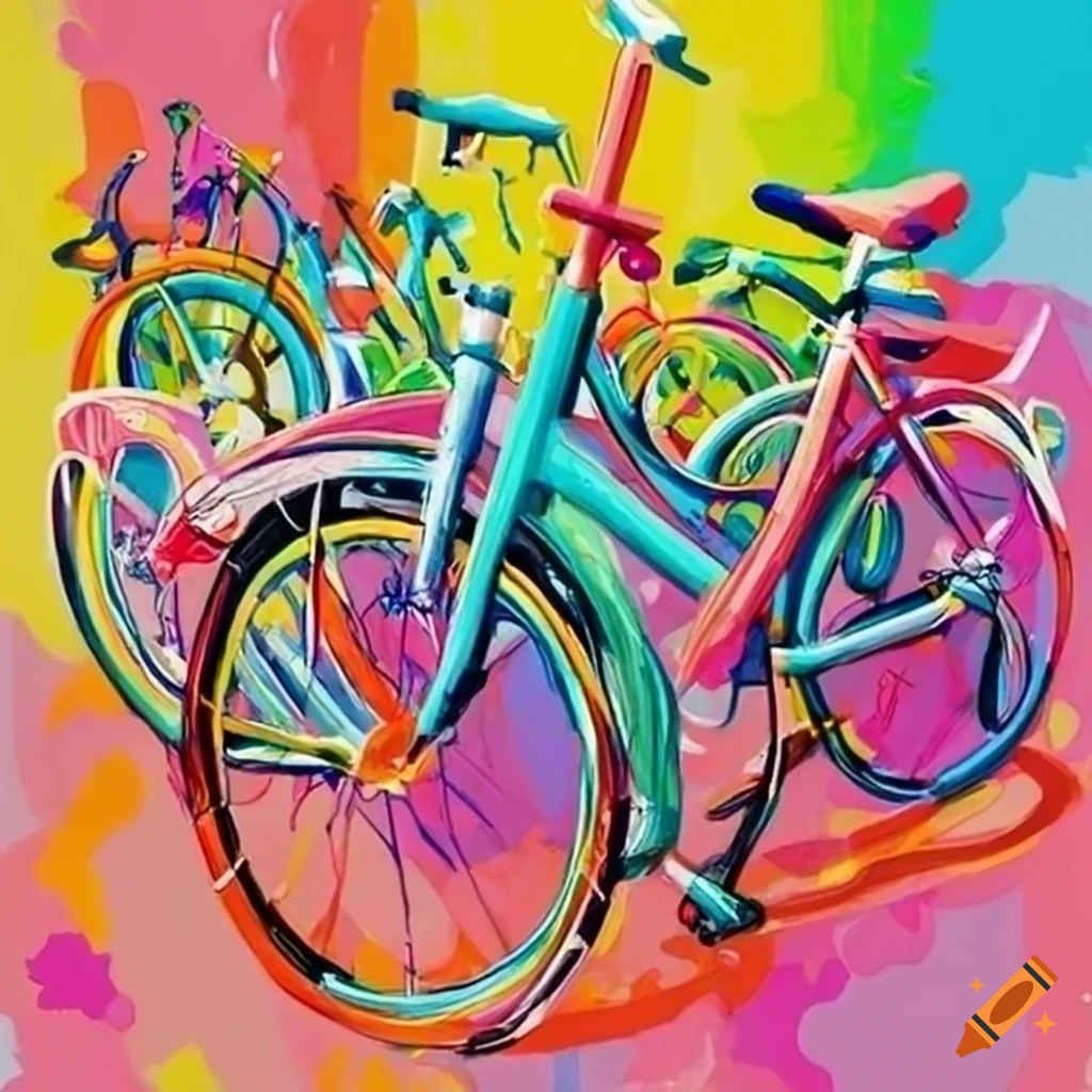 Vibrant color pencil drawings of a bunch of bicycles at a bicycle rack ...