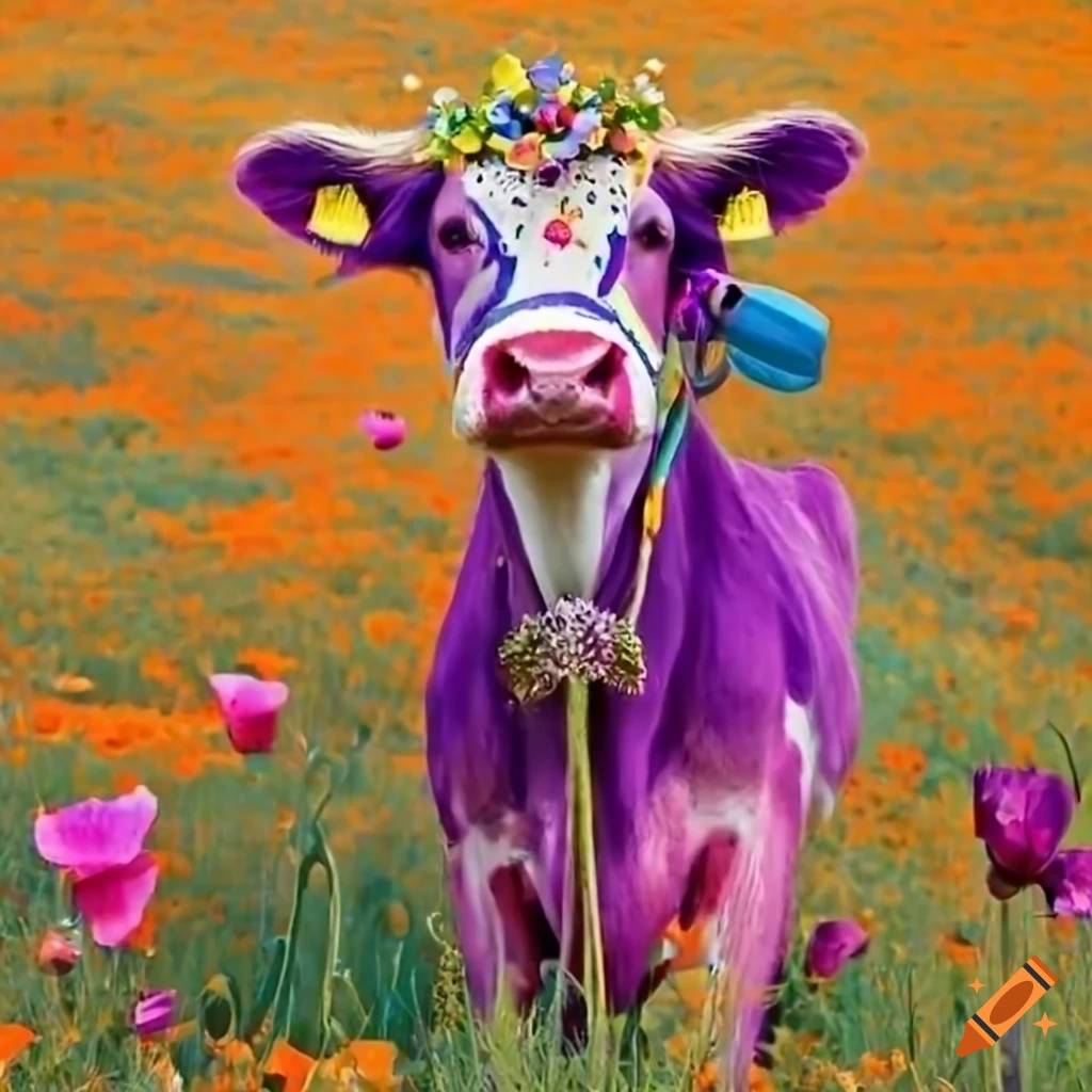 Colorful cows with painted flower crowns in field of california poppies