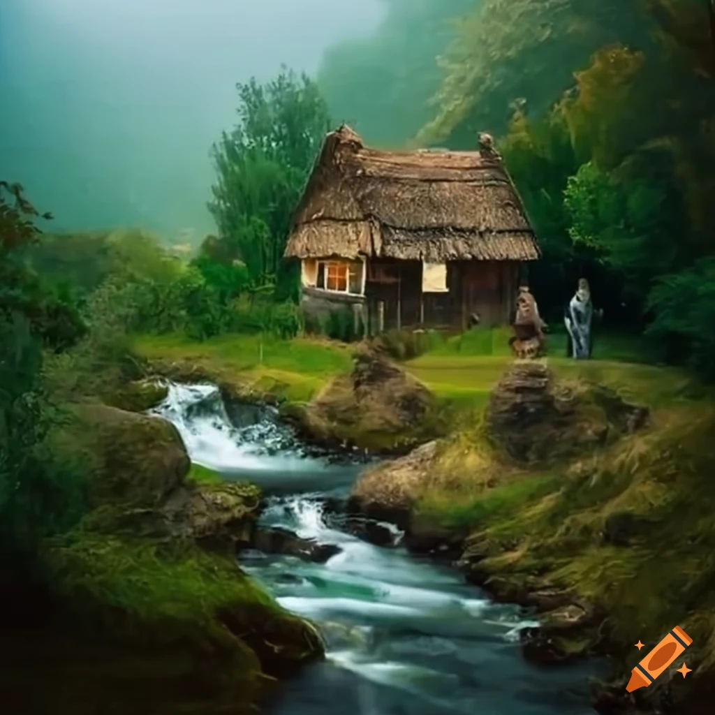 An old man standing with his old wife in a modest cottage village with ...