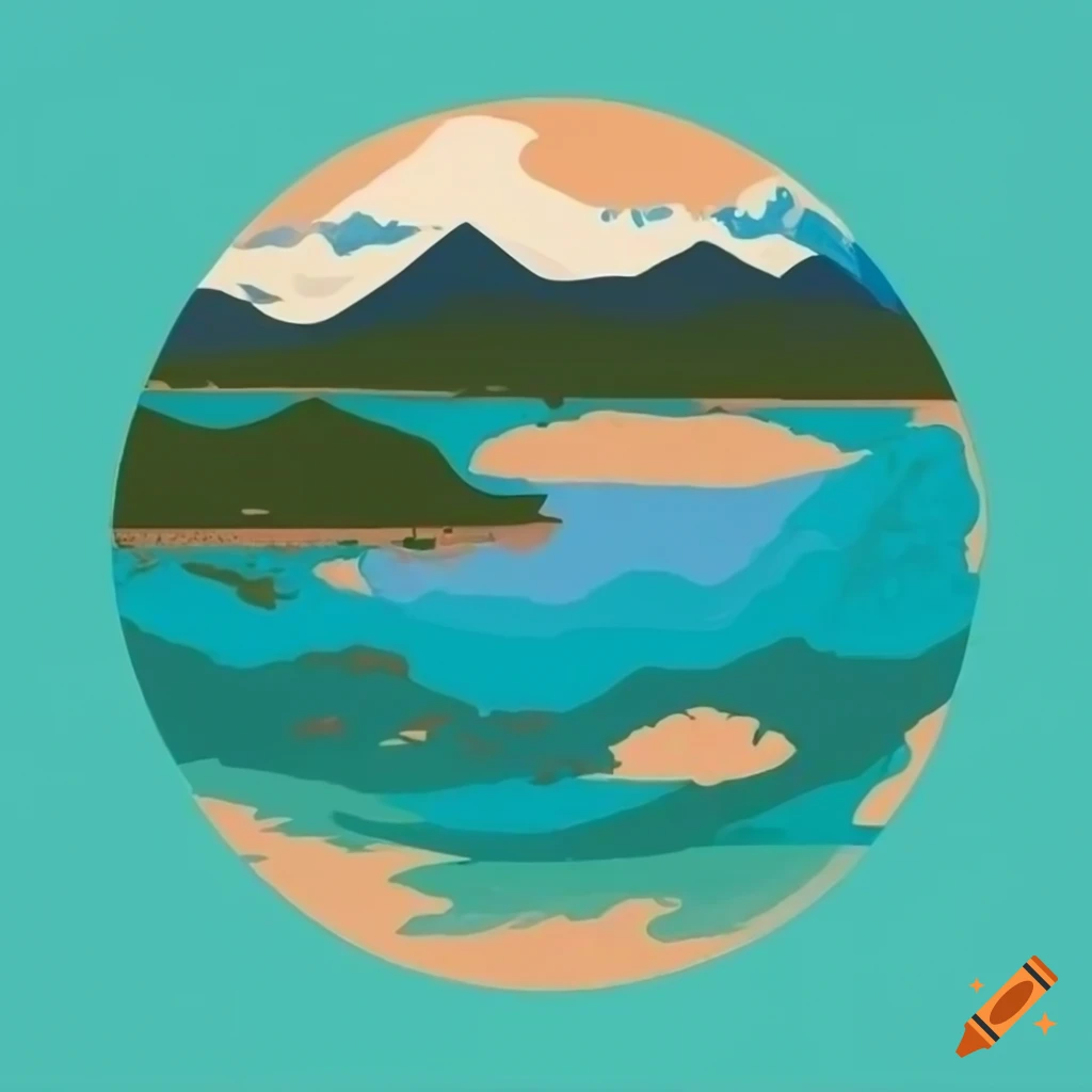 Circular artwork of lake mountain landscape immersive illustration ...