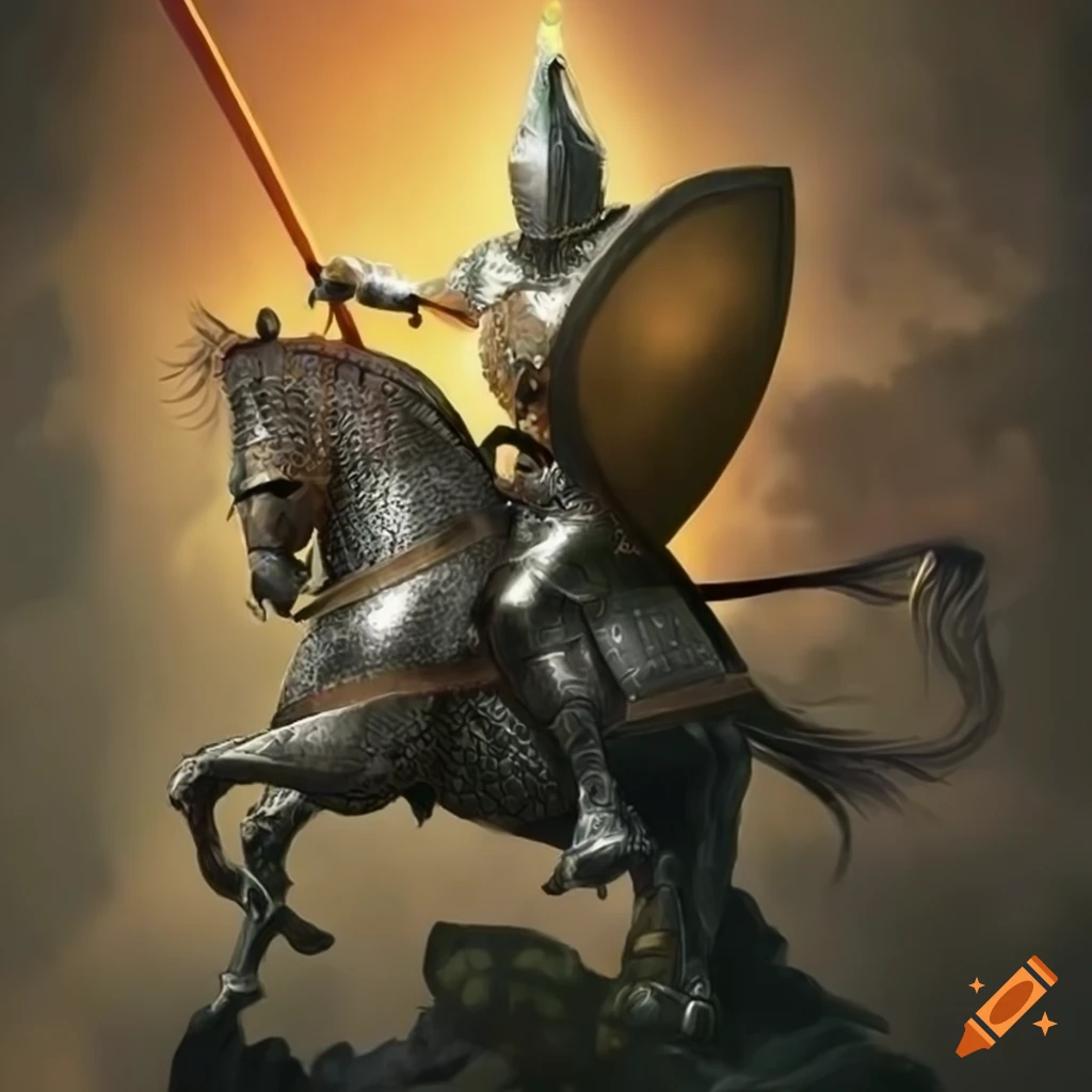 Tree knight with golden shield and hawk on shoulder riding a horse on ...