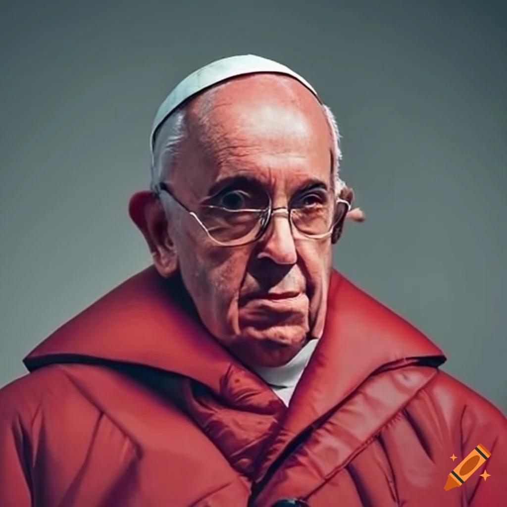 Pope francis in a red puffy jacket, standing in front of white cross