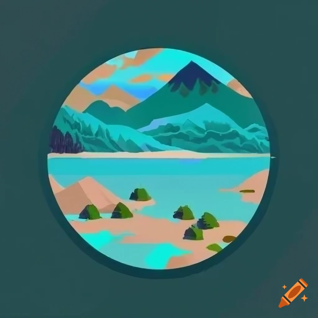 Circular artwork of lake mountain landscape immersive illustration ...