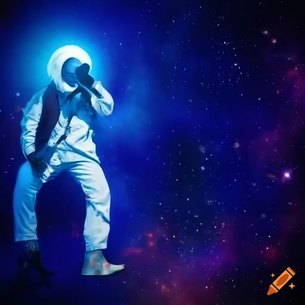 Electronic rock music singer playing songs on the space wearing sport ...