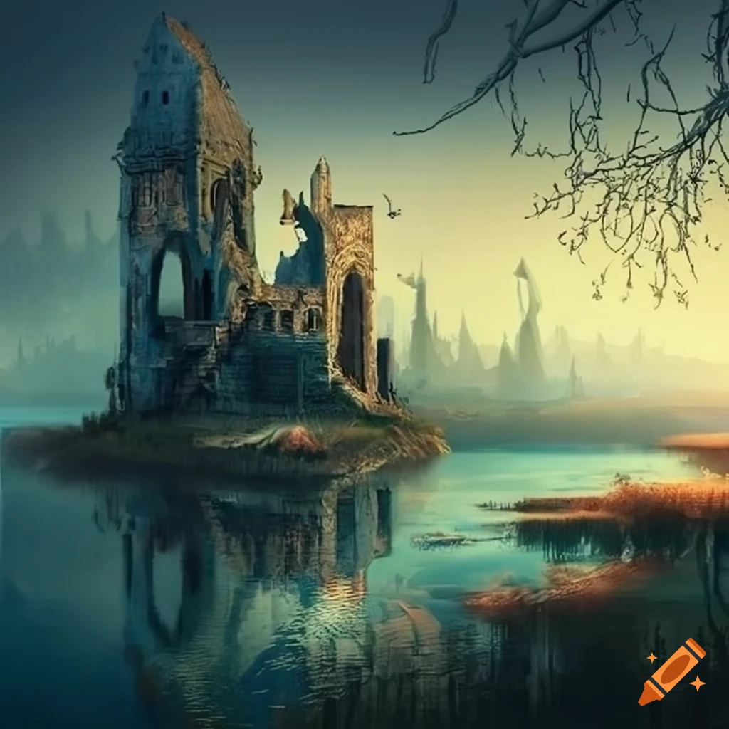 Fantasy ruins by the lake on Craiyon