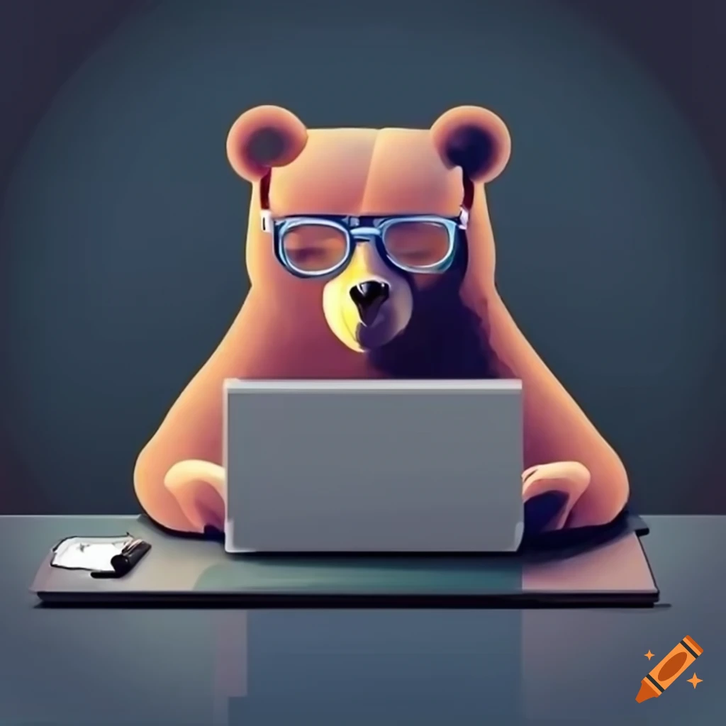 Bear with glasses on a computer