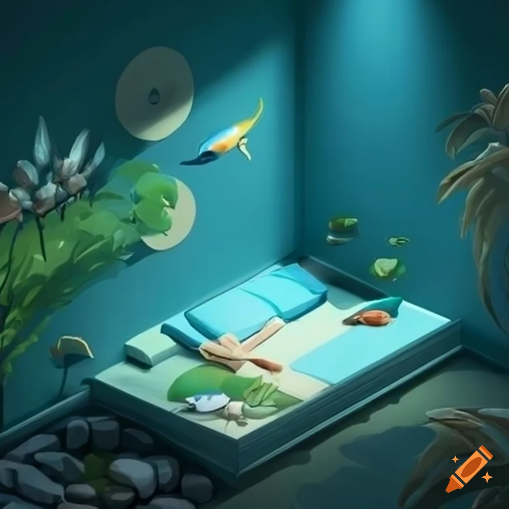 Serene isometric office bedroom with water garden and dreamy fish on ...