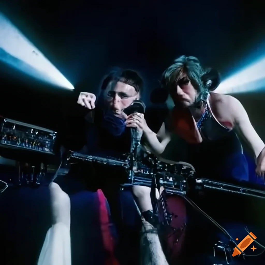 Electronic rock music duo playing songs on the space wearing sport clothes