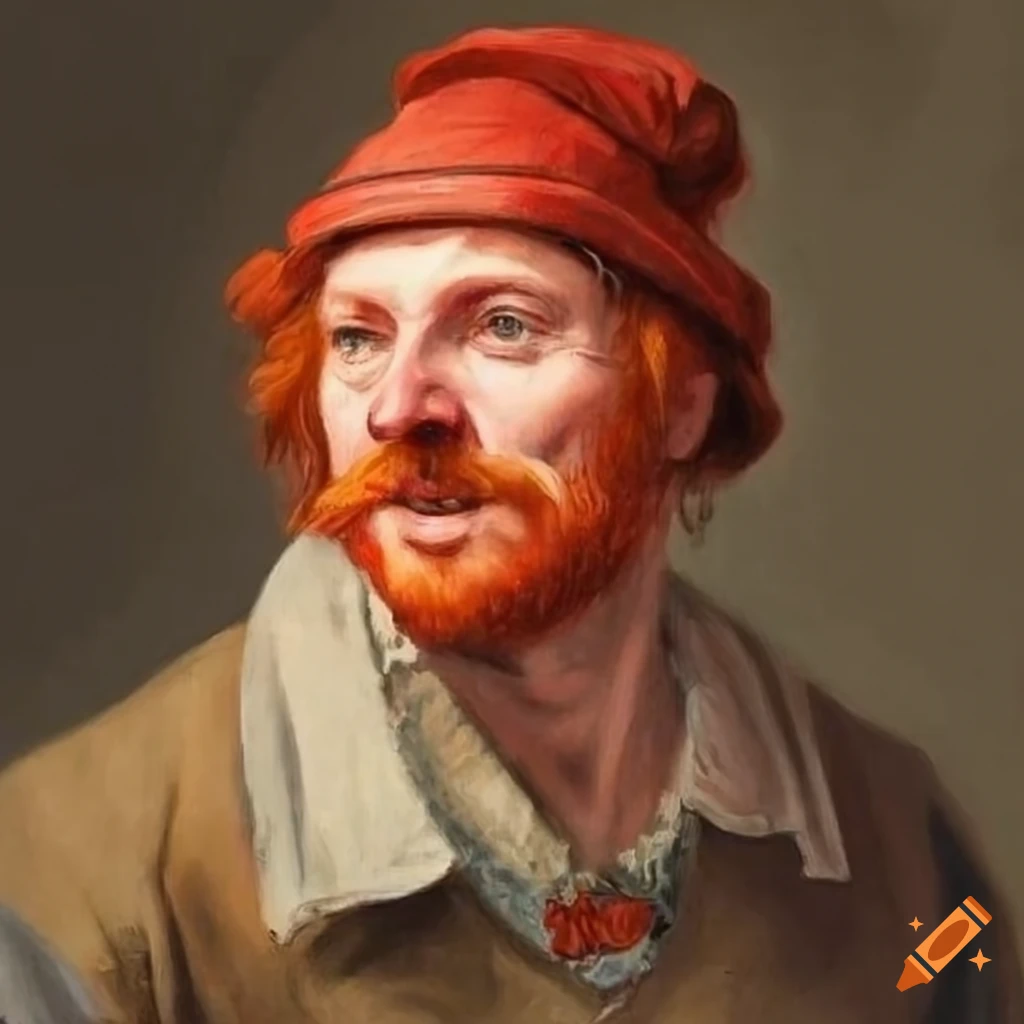 Portrait of a pudgy male merchant with red hair wearing a wollen cap on ...