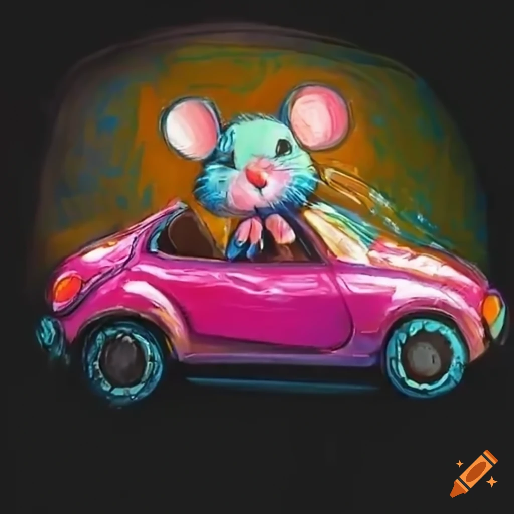 A cute mouse driving a compact car at night on Craiyon