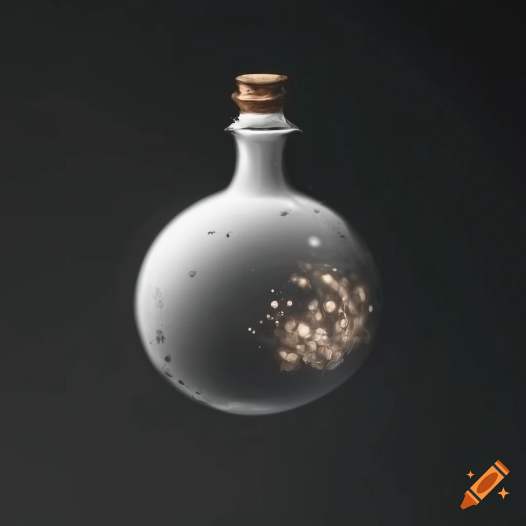 An alchemists silver potion in a spheric white black flacon floating on ...