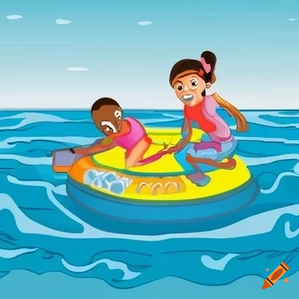 2d cartoon of one bumper boats with riders in a running water
