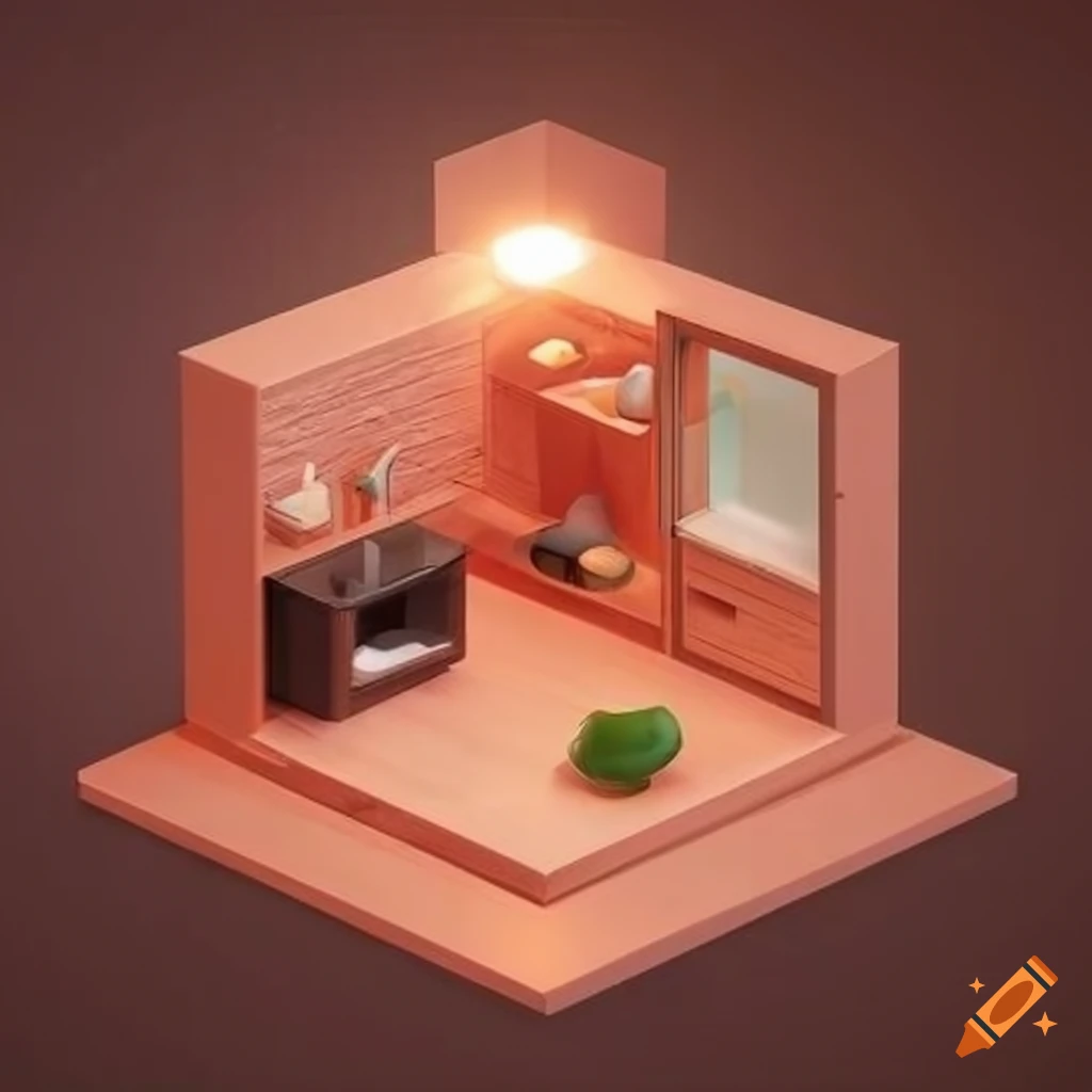 Earthtone peach isometric cozy cube room with crystals, geodes, and a ...