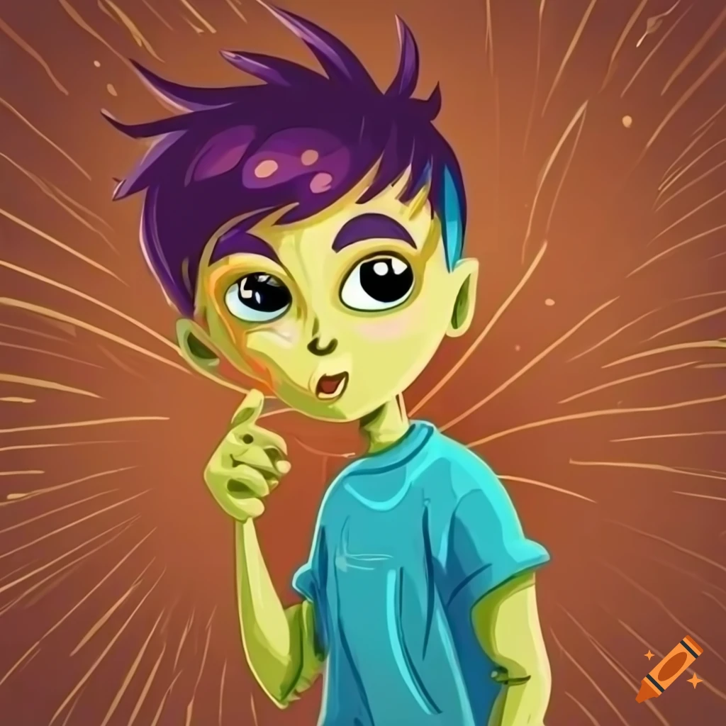 Alien boy thinking about space with a orange background cartoon