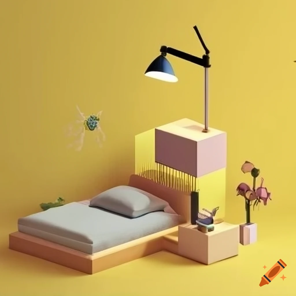 Soft all yellow isometric cube bedroom with flowers and tall lamp and ...