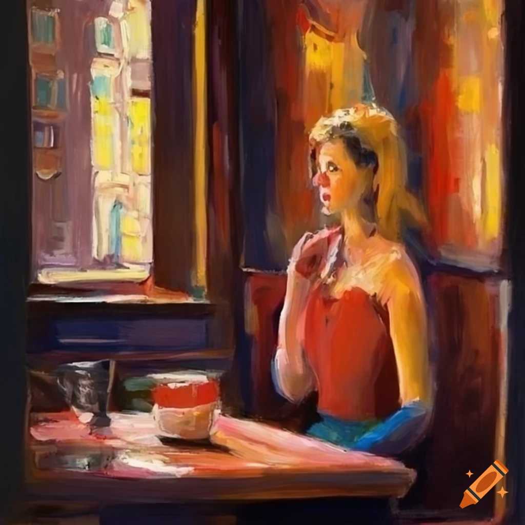Waiting in dutch cafe, post impressionist style