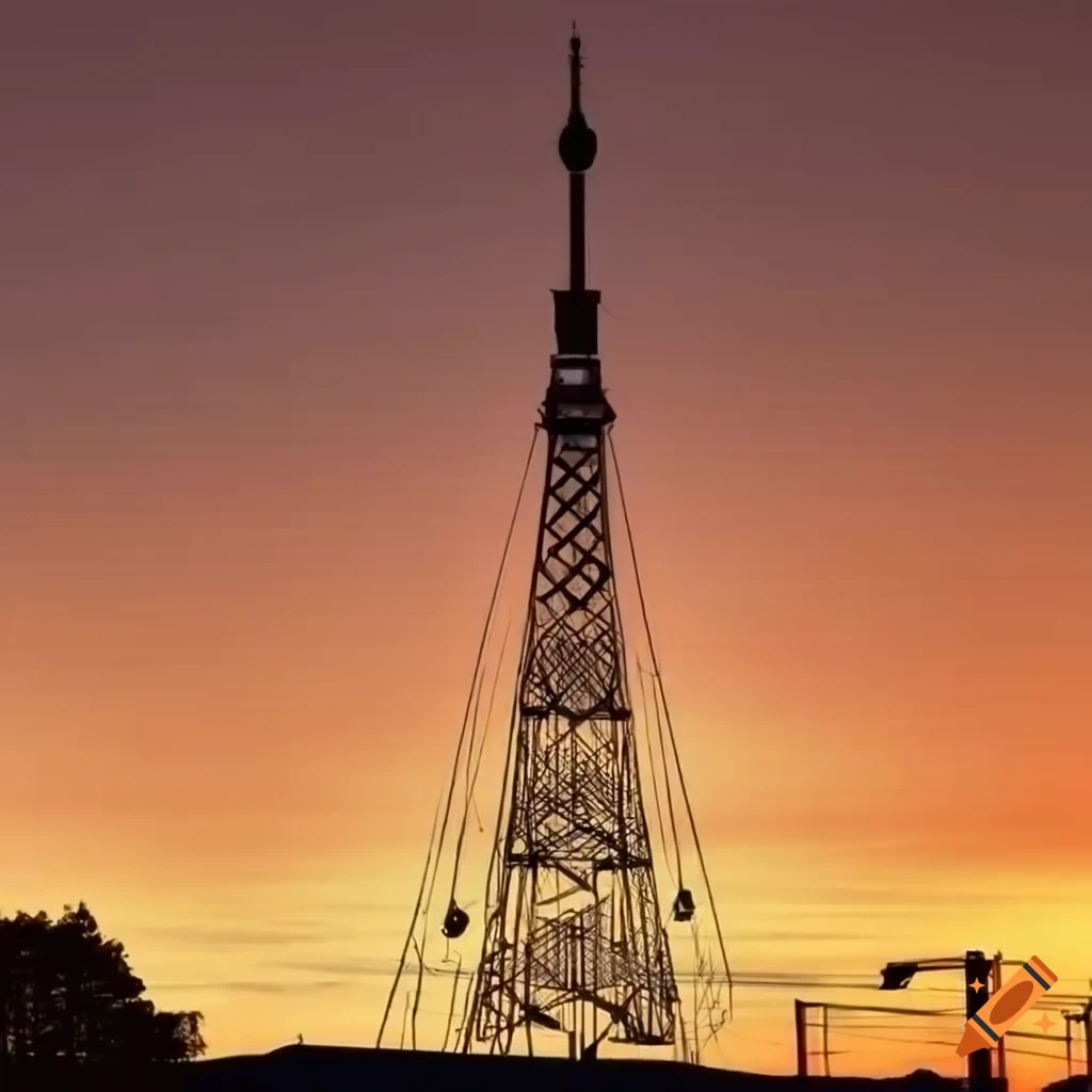 Radio tower, sunset in background, with musical notes coming out of tower