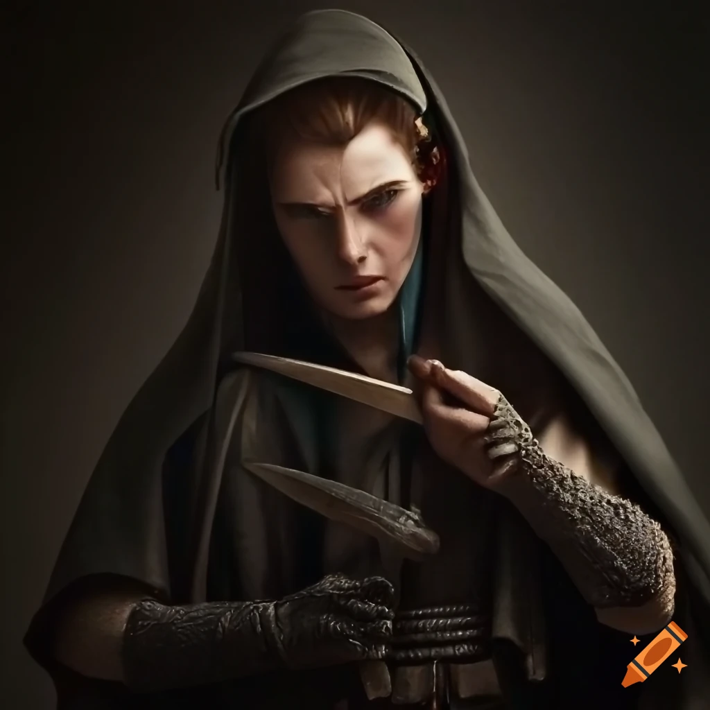 Pilgrim-like half elf ranger with black poncho and black hat, holding 2 ...