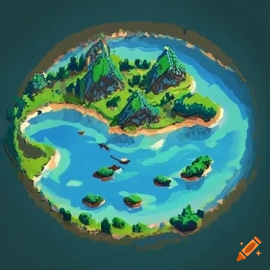 Mountain landscape roads fantasy lake isometric view, pixel art map ...