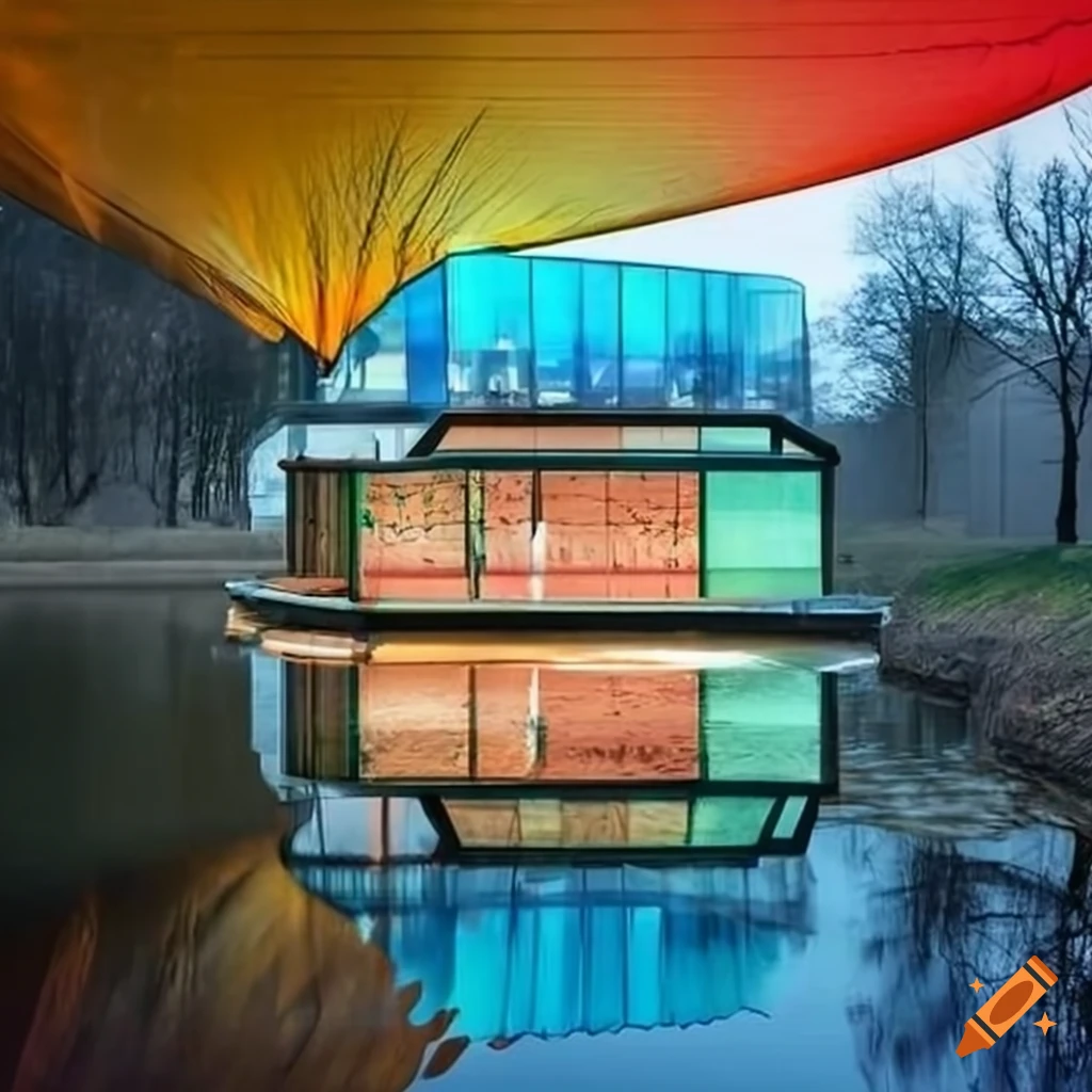 A single story café made of colored glass panels and sculptural fabric ...