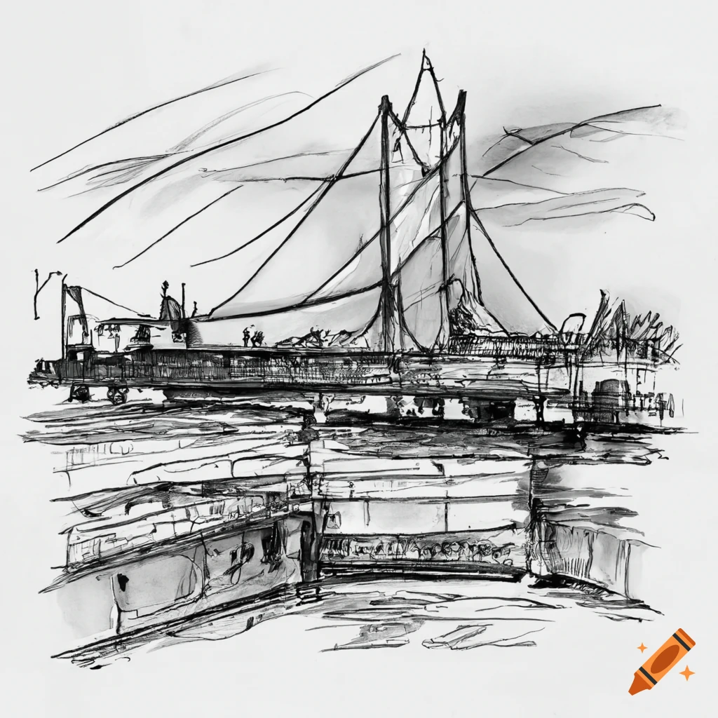 Ink drawing of rive bridge and port