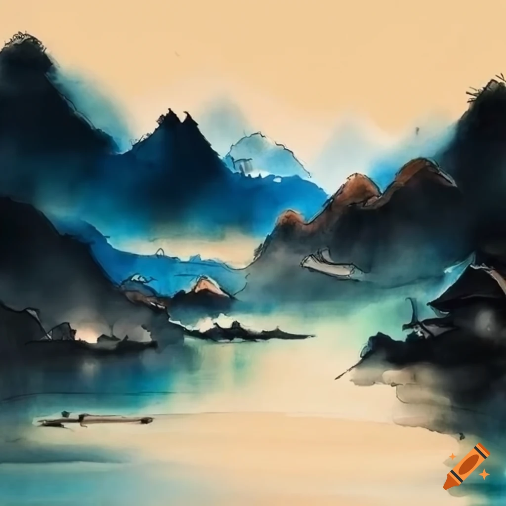 Chinese natural scenes ink painting ink and wash painting rivers and ...
