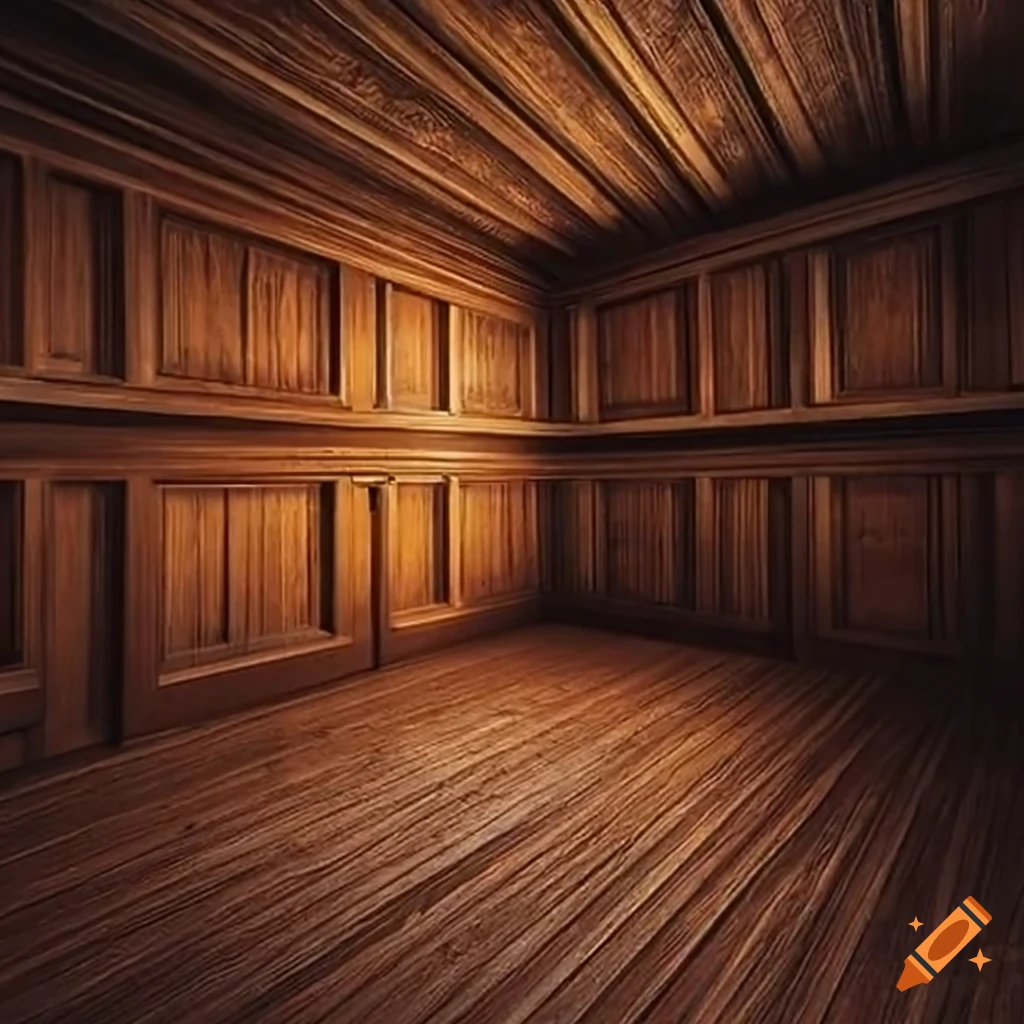 A large room with wood panel walls, wide angle, realistic on Craiyon