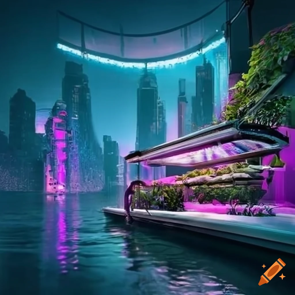 Cyberpunk high-tech river platform with futuristic hydroponic gardens ...