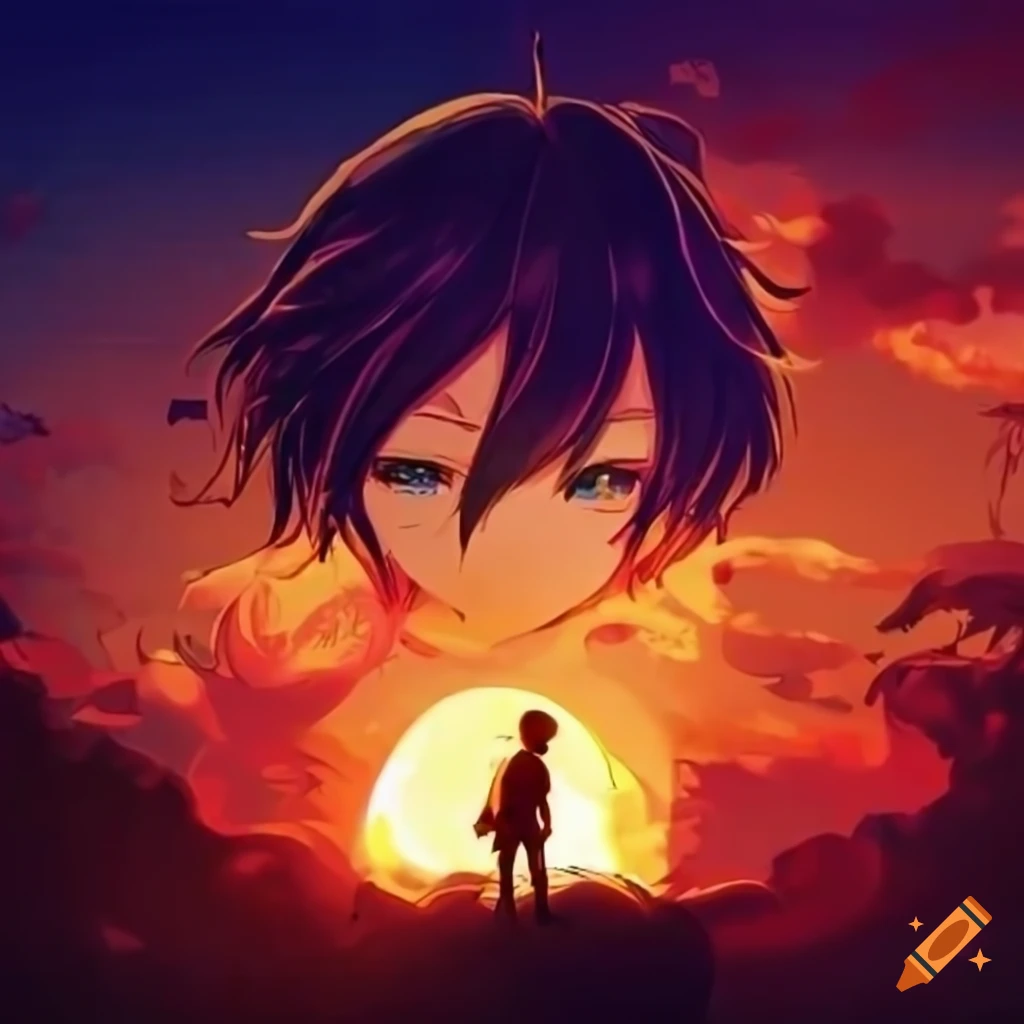 Anime boy and girl on the sunset