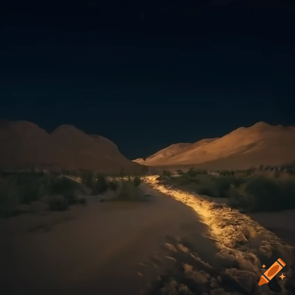 A desolate landscape leading to an oasis in the night super high ...