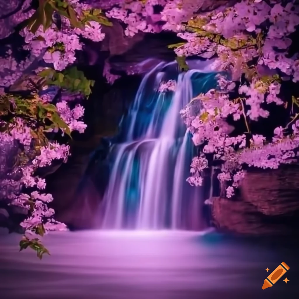 A magical waterfall surrounded by cherry blossoms and hidden caves ...