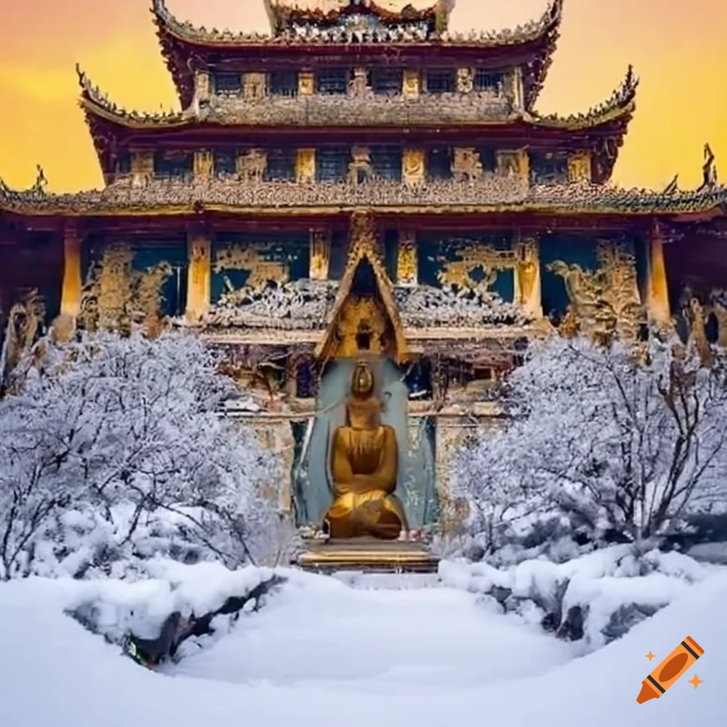 Buddhist temple surrounded by snow