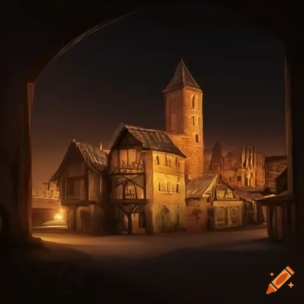Medieval commercial town in a desert at night