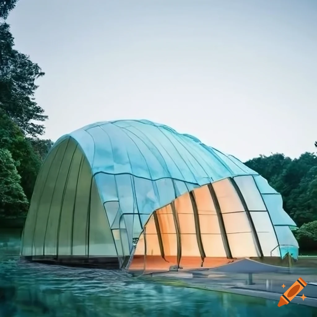 A single story café made of colored glass panels and sculptural fabric ...