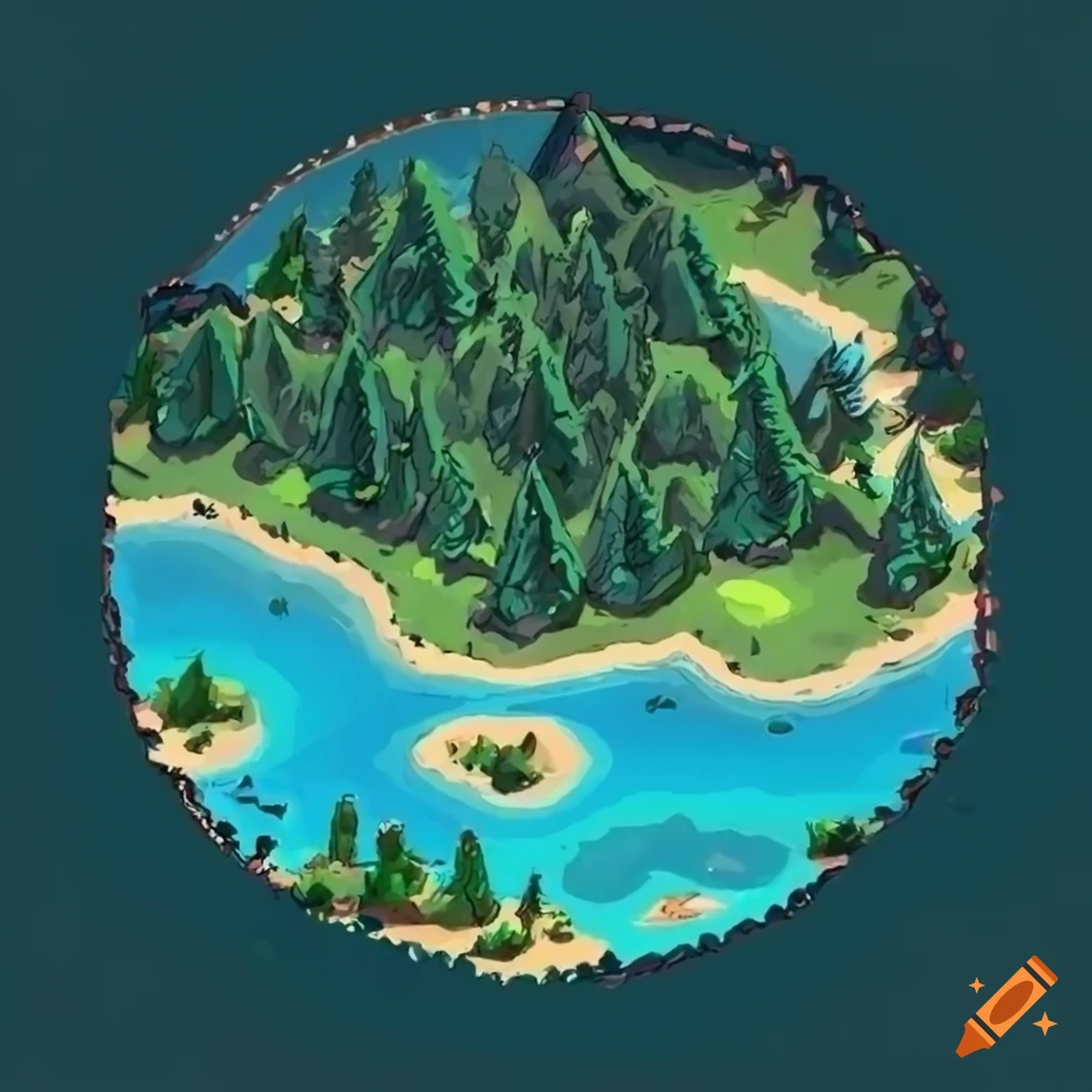 Mountain landscape roads fantasy lake isometric view, pixel art map ...