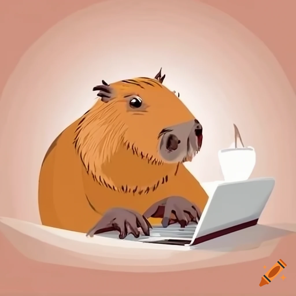 A capybara working on laptop with a cup of coffee by the side
