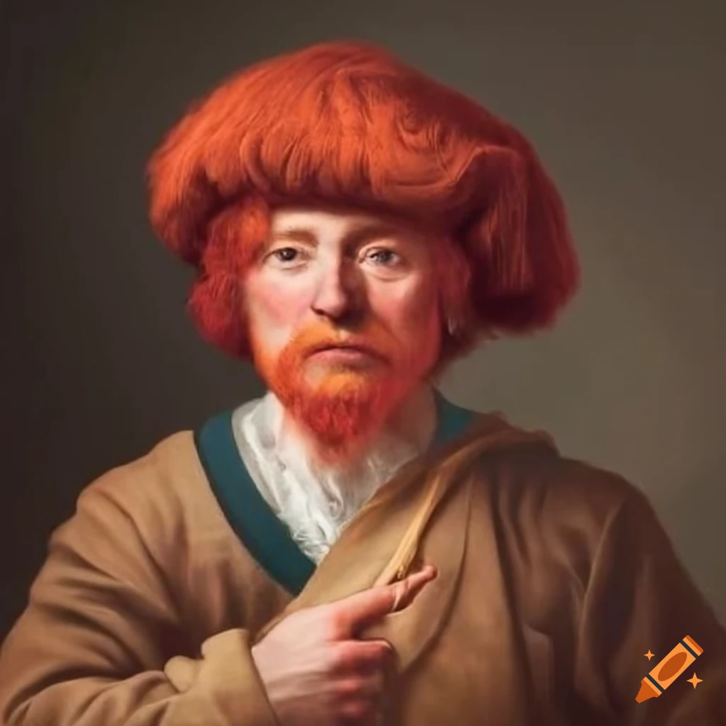 Portrait of a pudgy male merchant with red hair wearing a wollen cap on ...