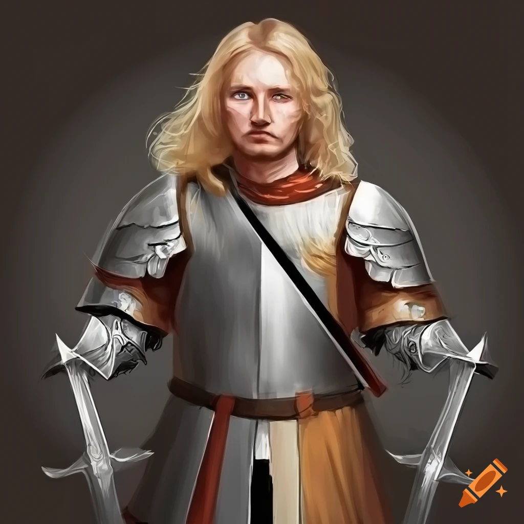 Realistic portrait of a blond, long-haired knight with a longsword on ...