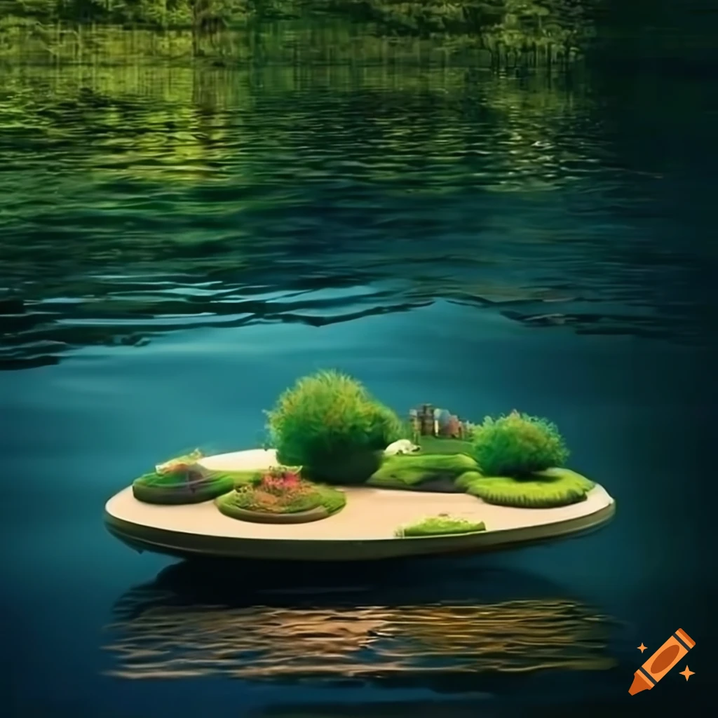 Futuristic floating platform gardens on a river that is photo realistic ...