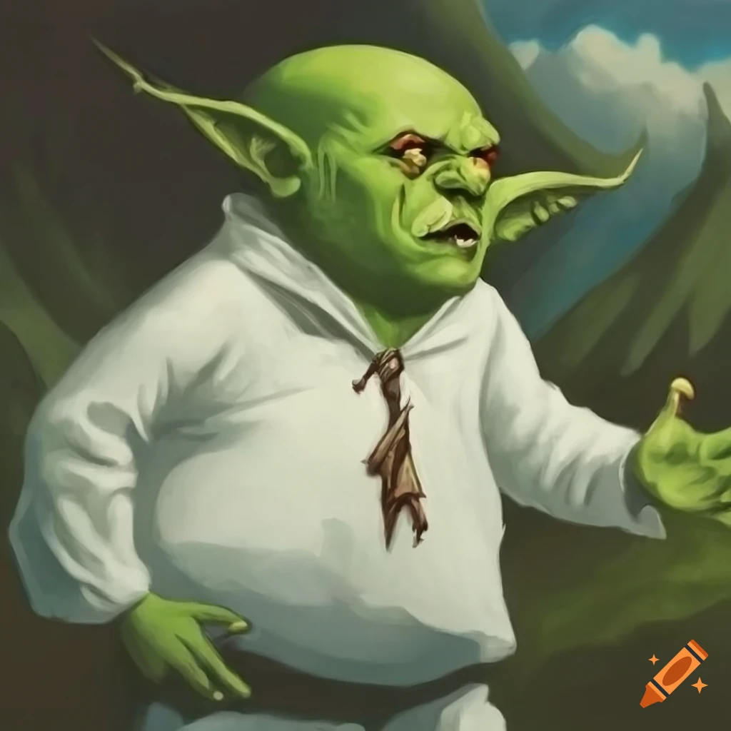 Fat bald green-skinned goblin wearing medieval white linen clothing ...