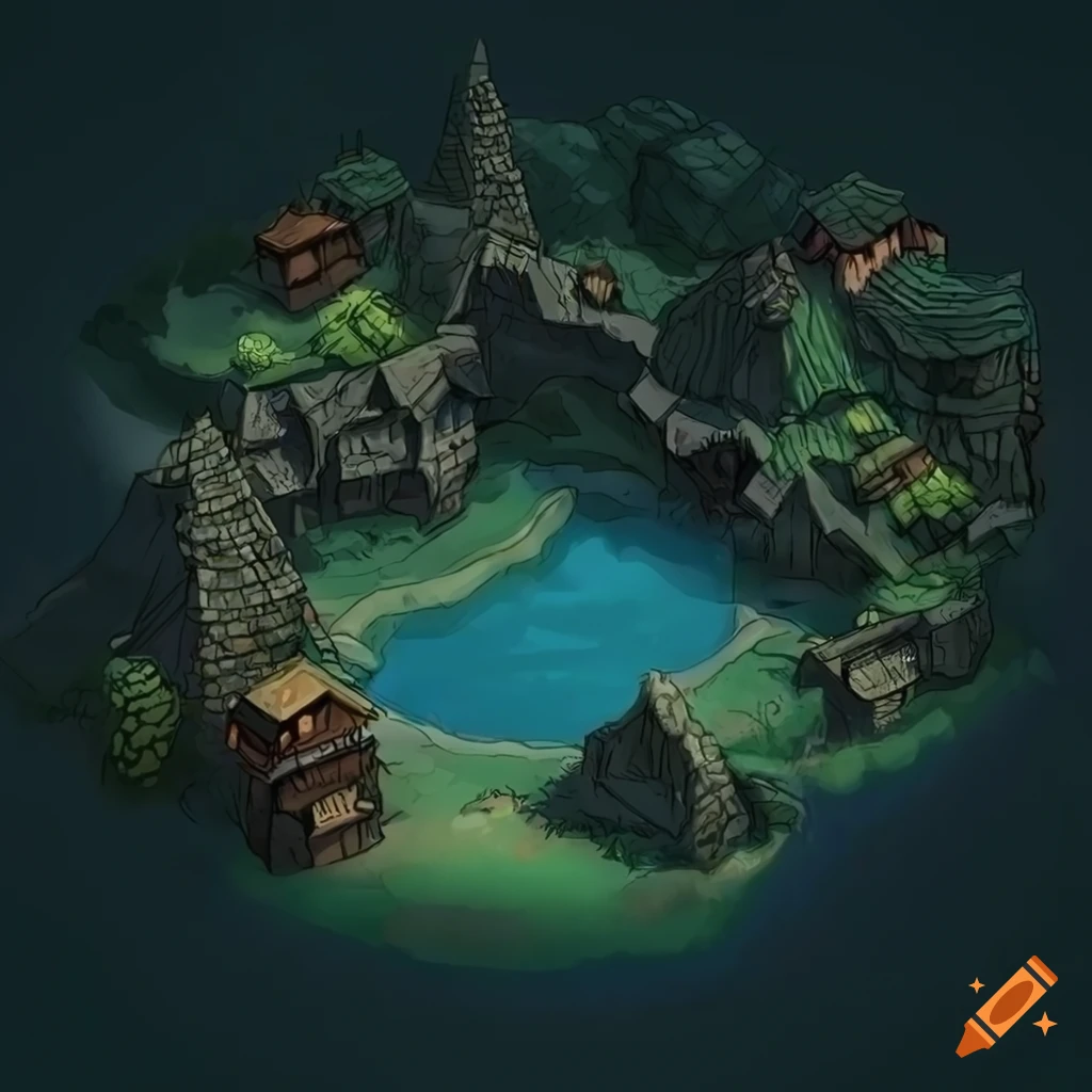 Mountain village with lake isometric world map perspective for top-down ...