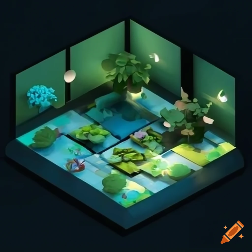 A soothing isometric room cube with water garden on Craiyon