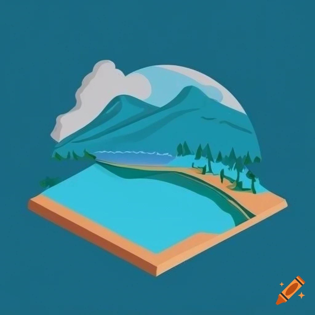 Create a logo for a fantasy lake isometric view, montains and forest ...