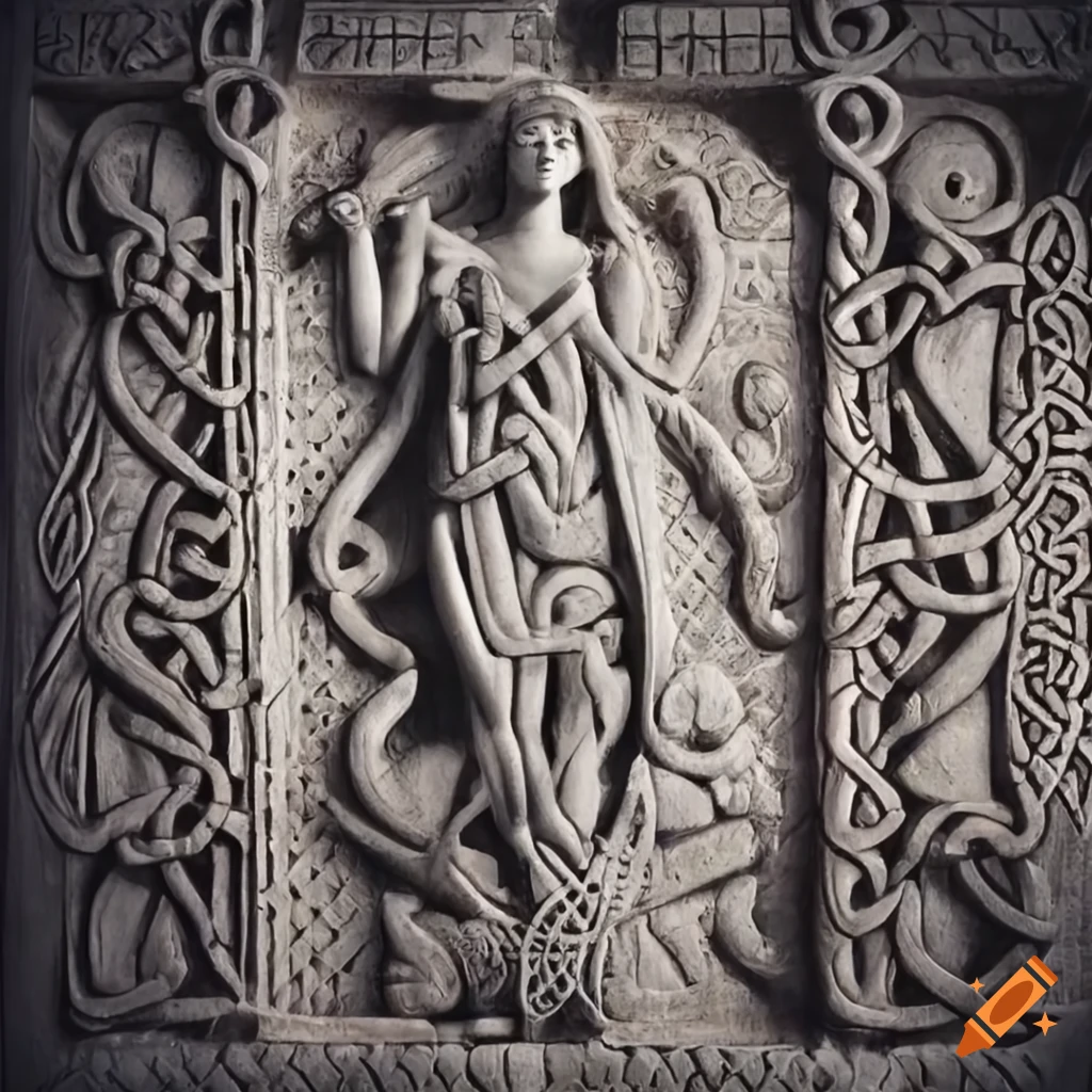 Intricate viking relief designs carved in stone