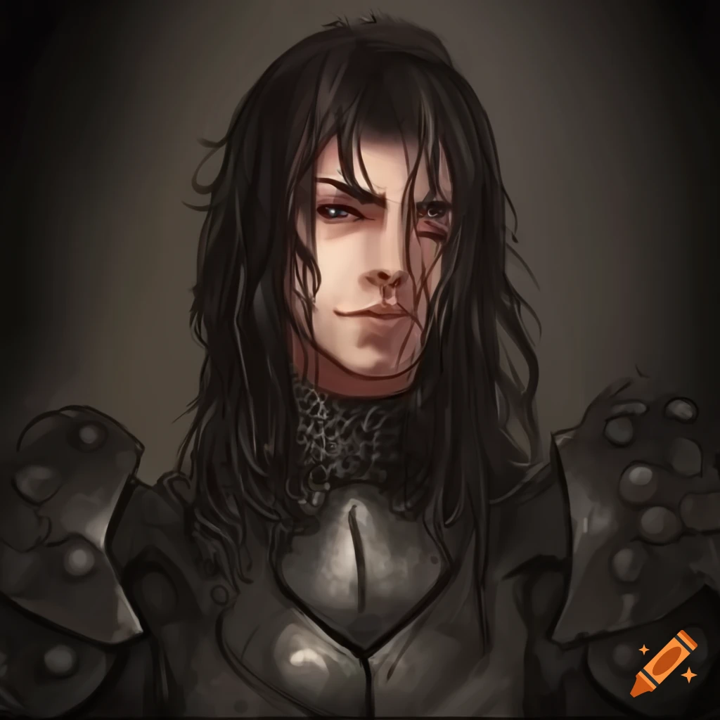 Young, black-haired, long-haired knight with narrow, splayed brown eyes ...